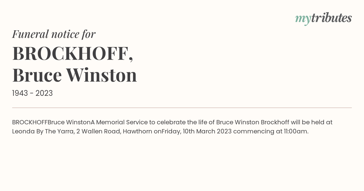 BROCKHOFF, Bruce Winston | Funeral Notices | Melbourne | My Tributes