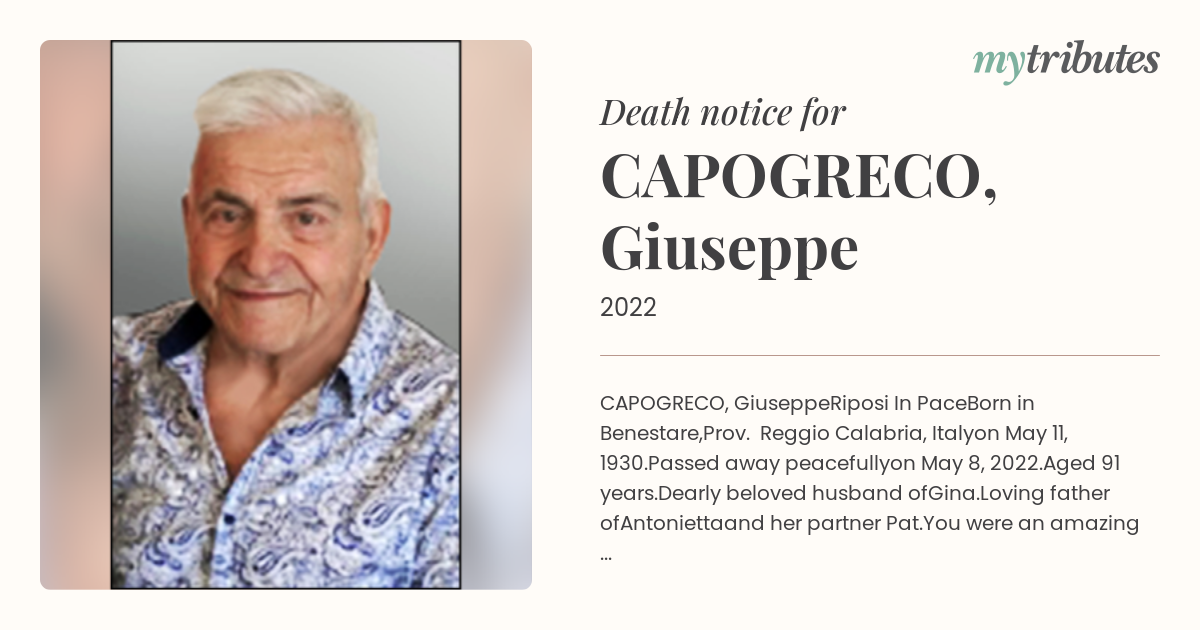 CAPOGRECO, Giuseppe | Death Notices | Adelaide | My Tributes