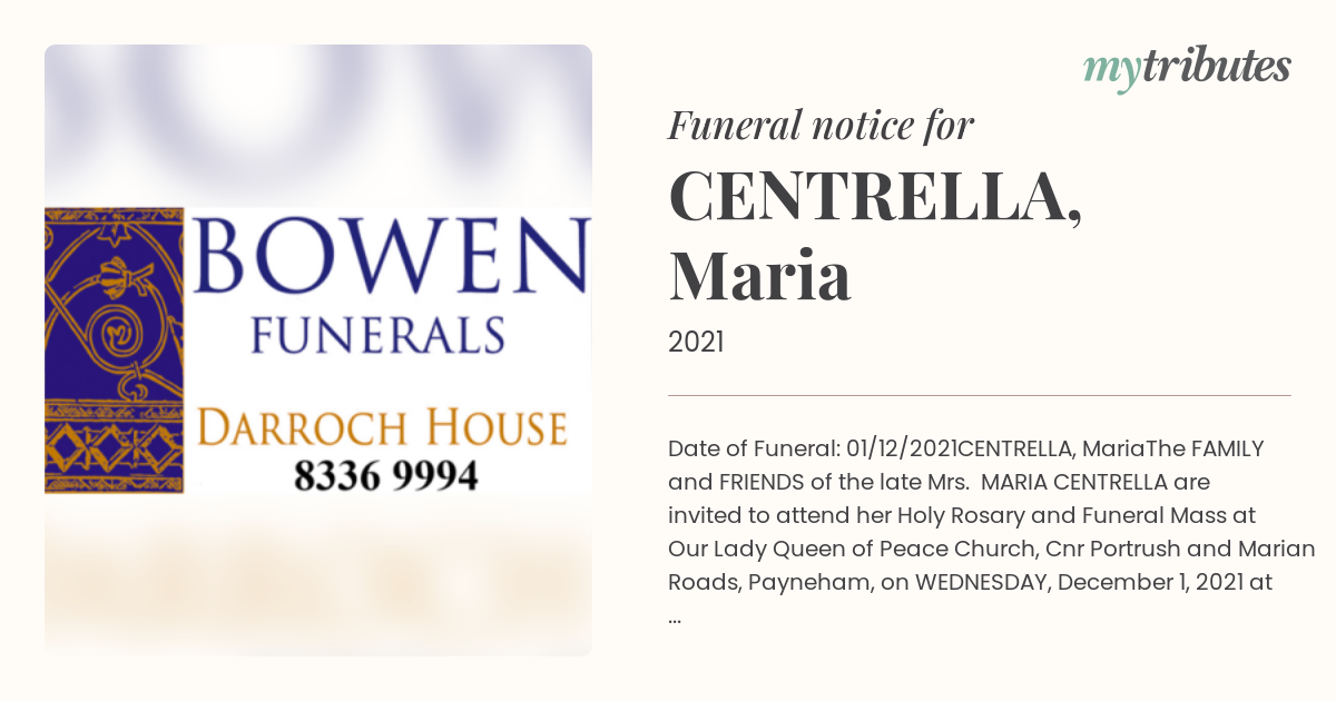 CENTRELLA, Maria | Funeral Notices | Adelaide | My Tributes