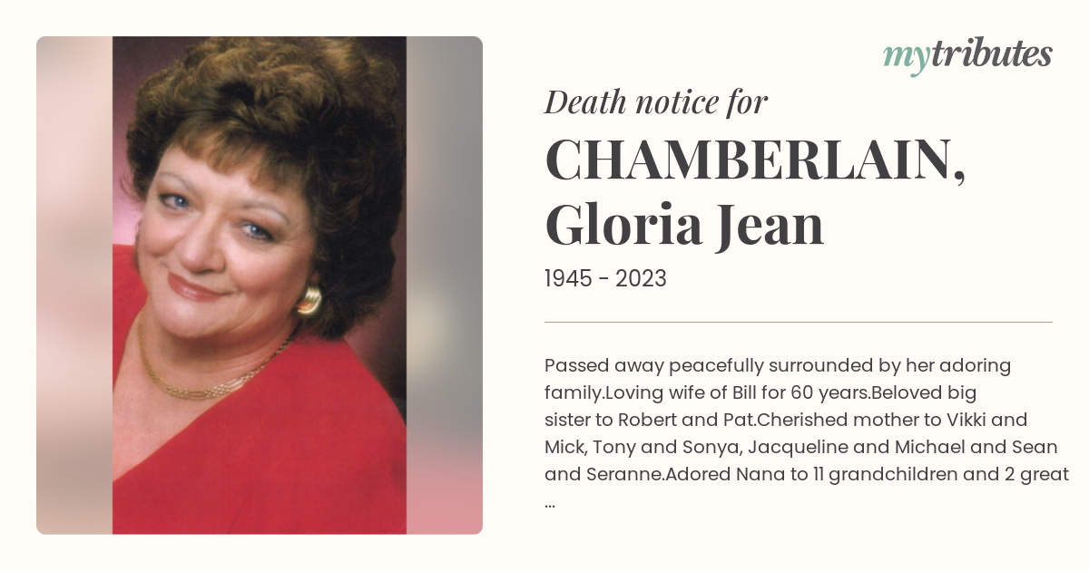 CHAMBERLAIN, Gloria Jean | Death Notices | Melbourne | My Tributes