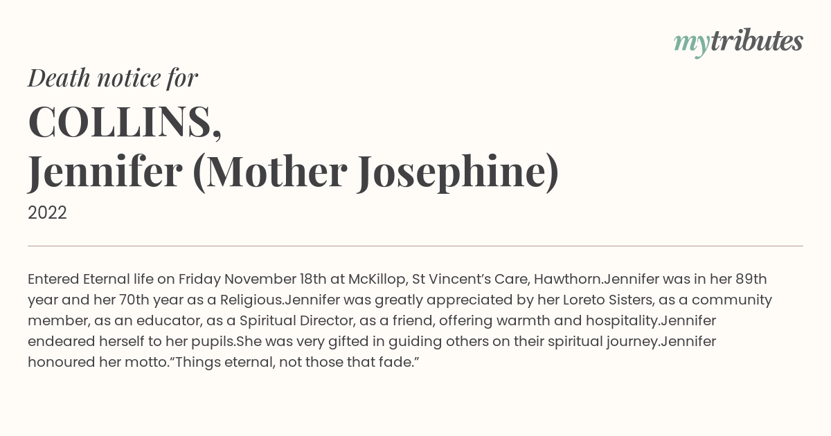 COLLINS, Jennifer (Mother Josephine) | Death Notices | Melbourne | My ...