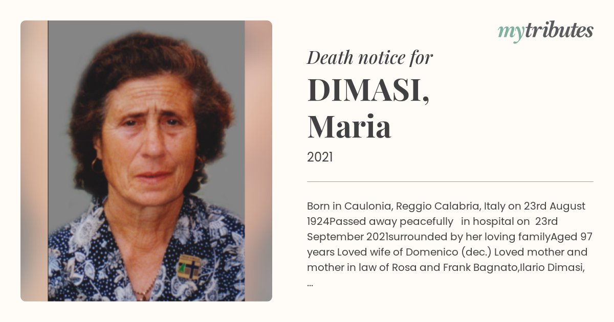 DIMASI, Maria | Death Notices | Adelaide | My Tributes