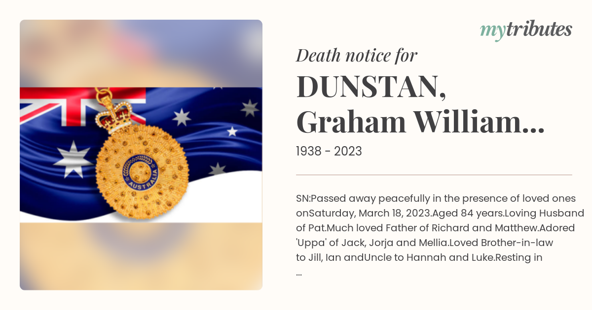 DUNSTAN, Graham William "OAM" | Death Notices | Adelaide | My Tributes