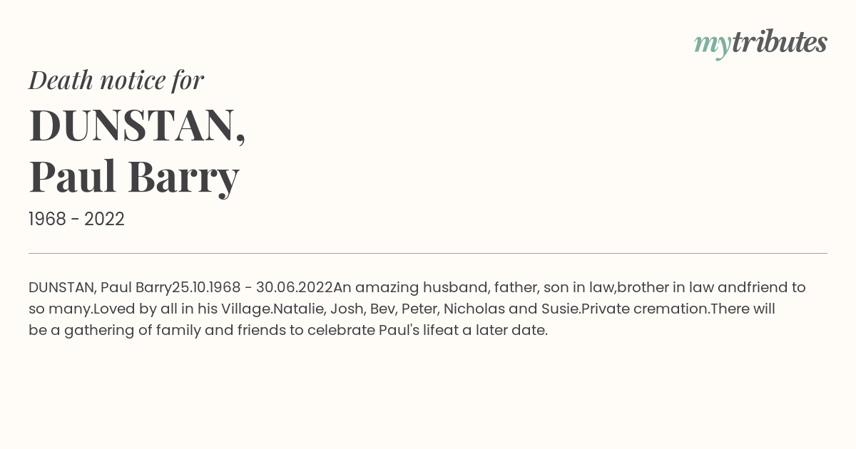 DUNSTAN, Paul Barry | Death Notices | Adelaide | My Tributes