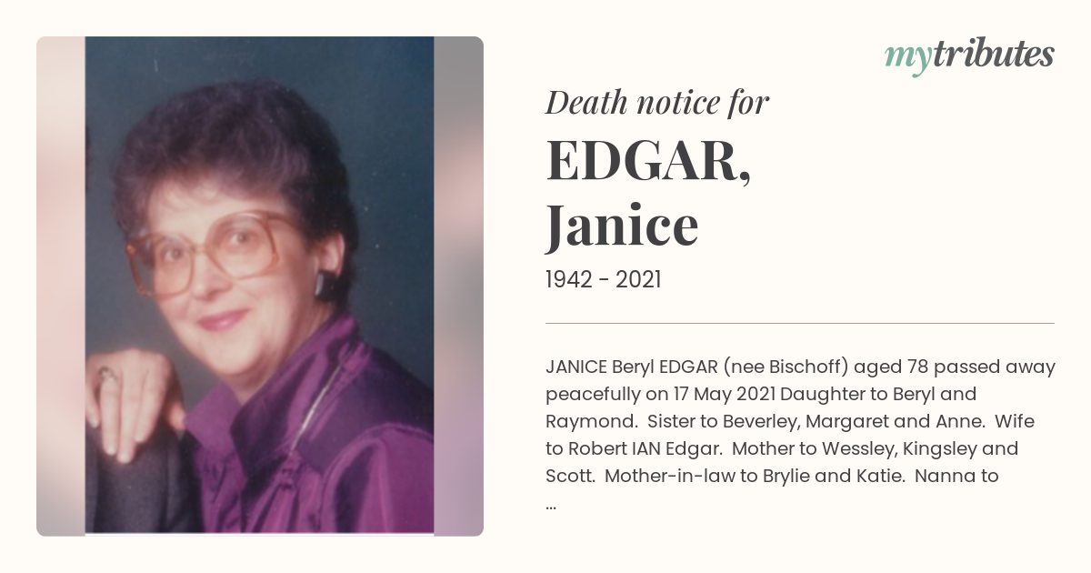 EDGAR, Janice | Death Notices | Melbourne | My Tributes