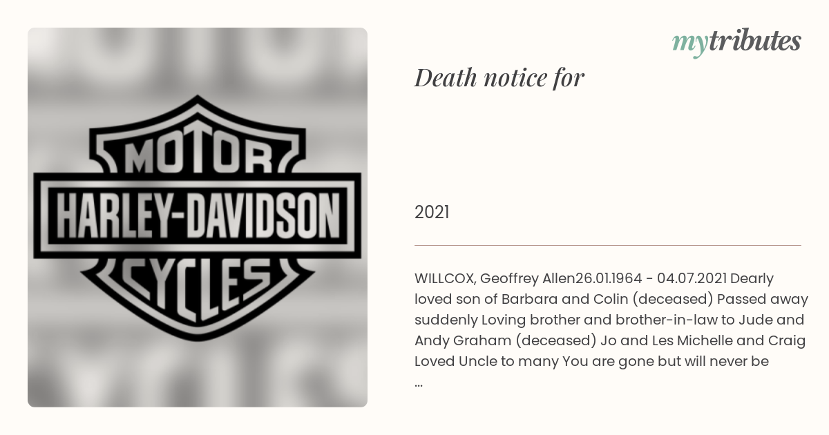 Geoffrey Allen WILLCOX | Death Notices | Adelaide | My Tributes