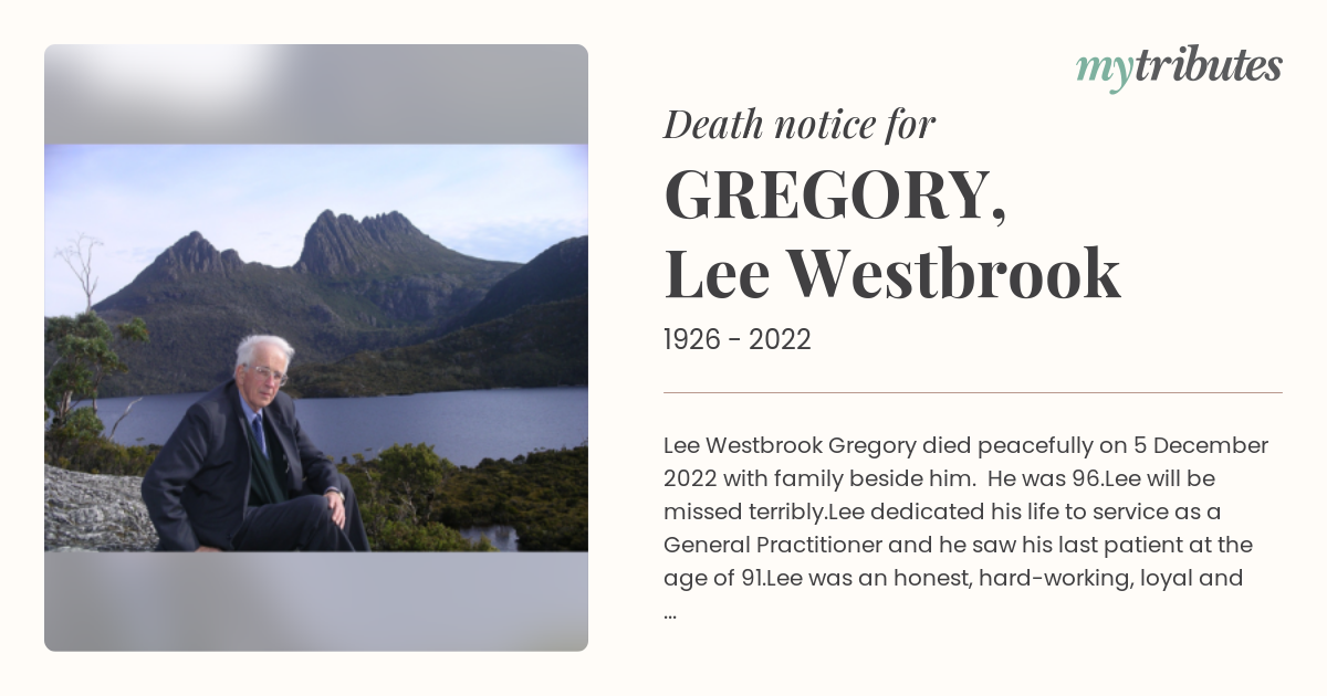 GREGORY, Lee Westbrook | Death Notices | Melbourne | My Tributes