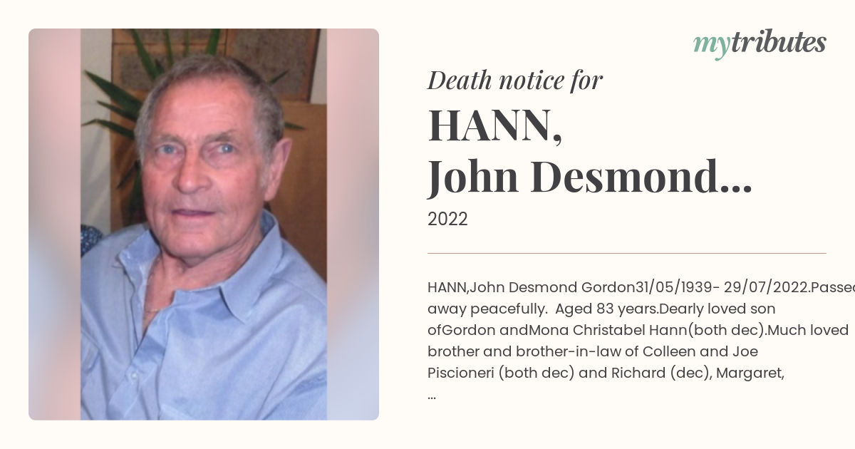 HANN, John Desmond Gordon | Death Notices | Adelaide | My Tributes