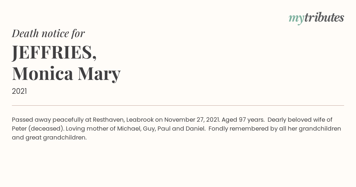 JEFFRIES, Monica Mary | Death Notices | Adelaide | My Tributes