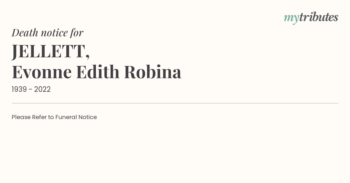 JELLETT, Evonne Edith Robina | Death Notices | Adelaide | The Mercury