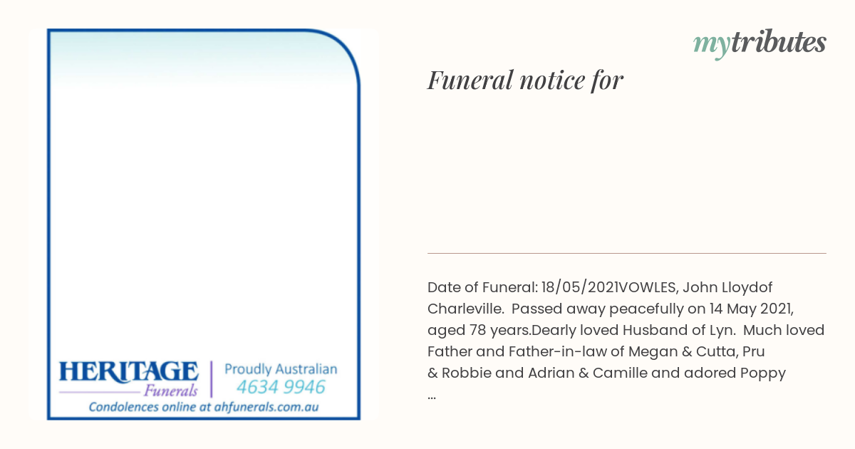 John Lloyd VOWLES | Funeral Notices | Toowoomba / Gatton | My Tributes
