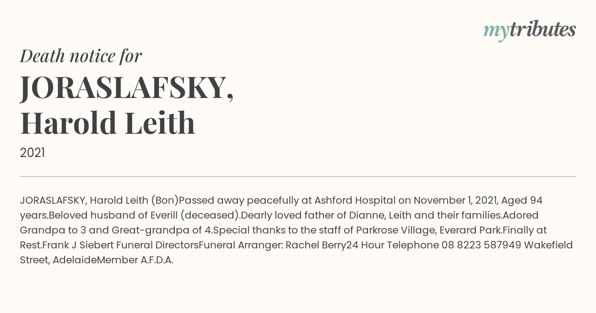 JORASLAFSKY, Harold Leith | Death Notices | Adelaide | My Tributes