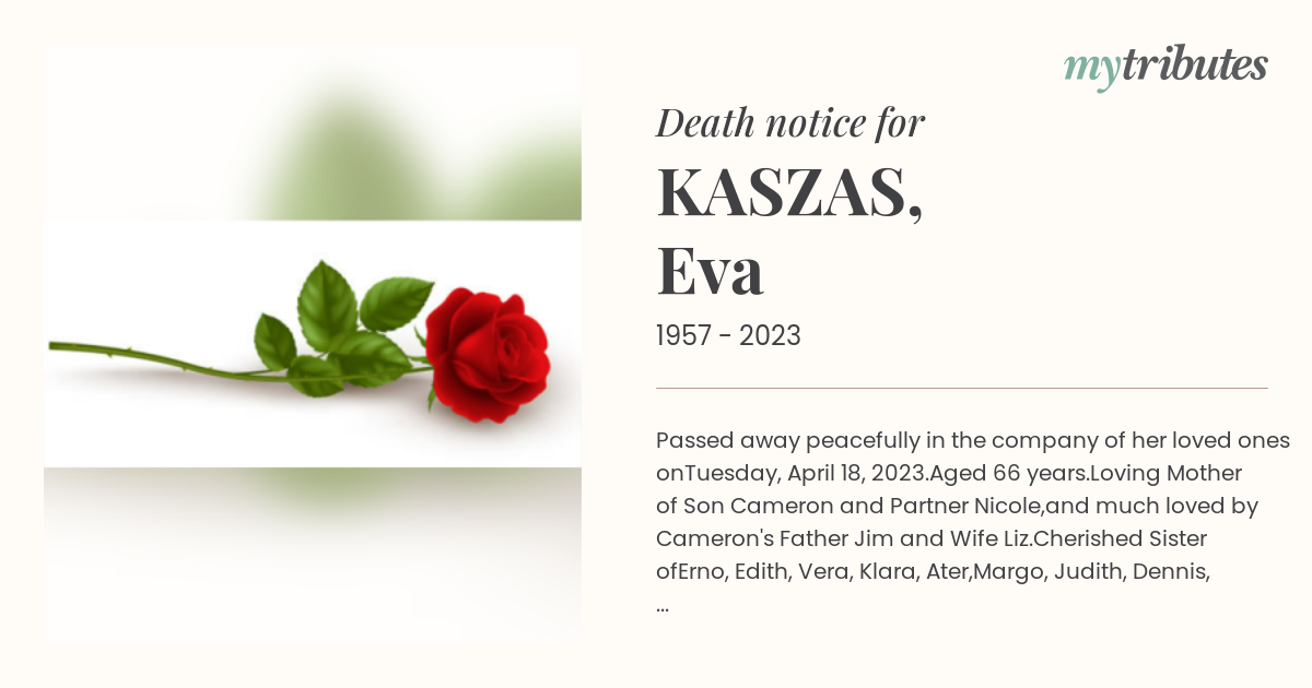 KASZAS, Eva | Death Notices | Adelaide | My Tributes
