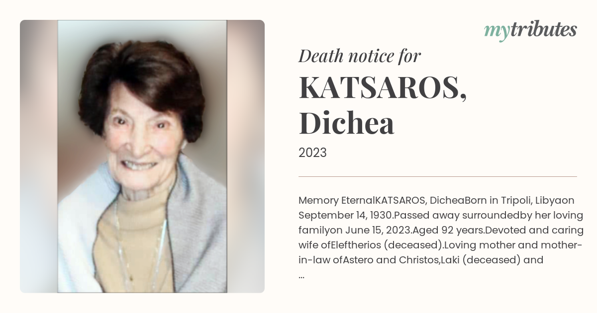 KATSAROS, Dichea | Death Notices | Adelaide | My Tributes