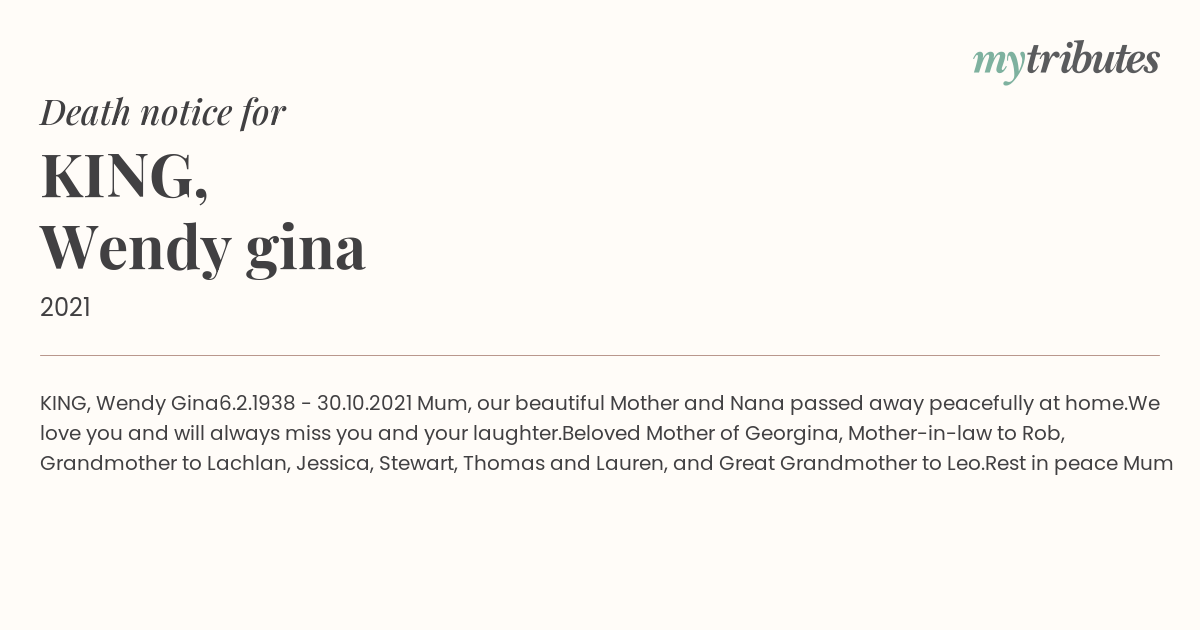 KING, Wendy Gina | Death Notices | Melbourne | The Courier Mail