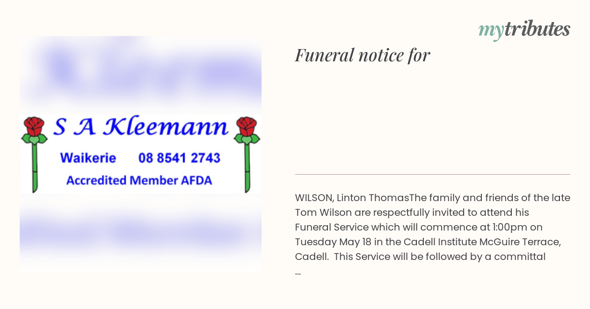 Linton Thomas Wilson | Funeral Notices | Adelaide | My Tributes