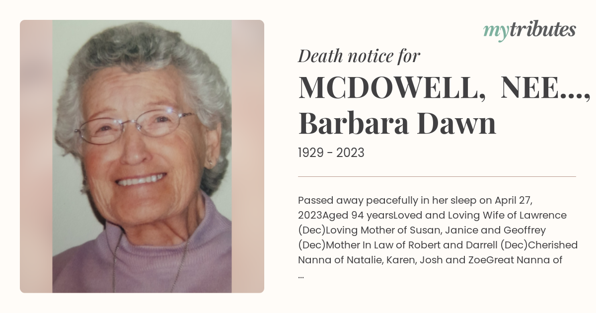 MCDOWELL, NEE GIFFORD, Barbara Dawn | Death Notices | Adelaide | My ...