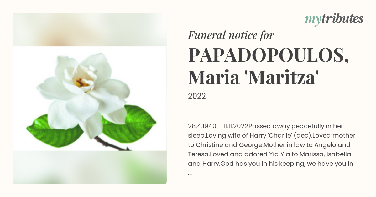 PAPADOPOULOS, Maria 'Maritza' | Funeral Notices | Melbourne | My Tributes