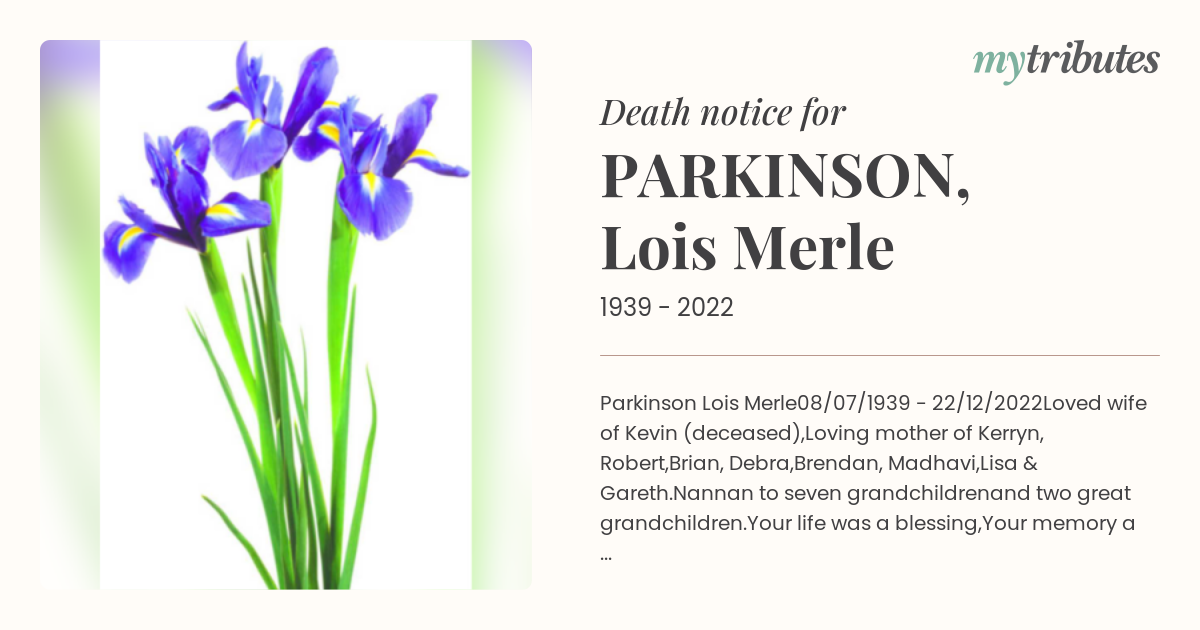 PARKINSON, Lois Merle | Death Notices | Melbourne | My Tributes
