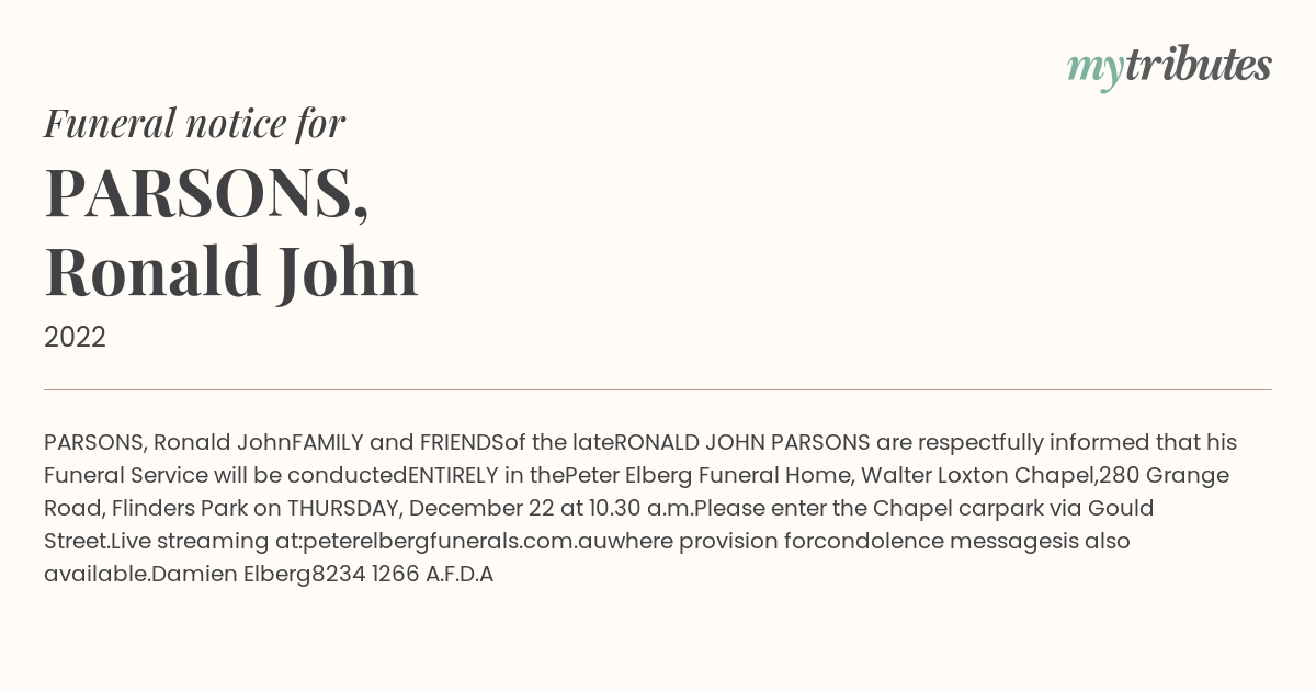 PARSONS, Ronald John | Funeral Notices | Adelaide | The Advertiser