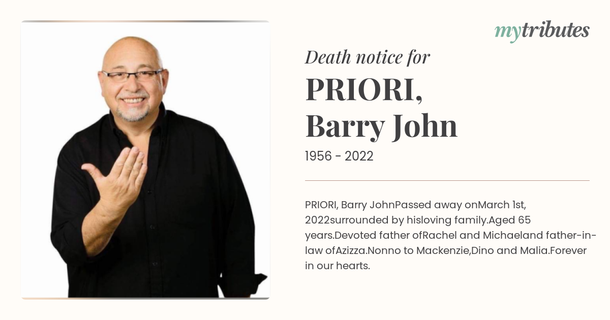 PRIORI, Barry John | Death Notices | Adelaide | My Tributes