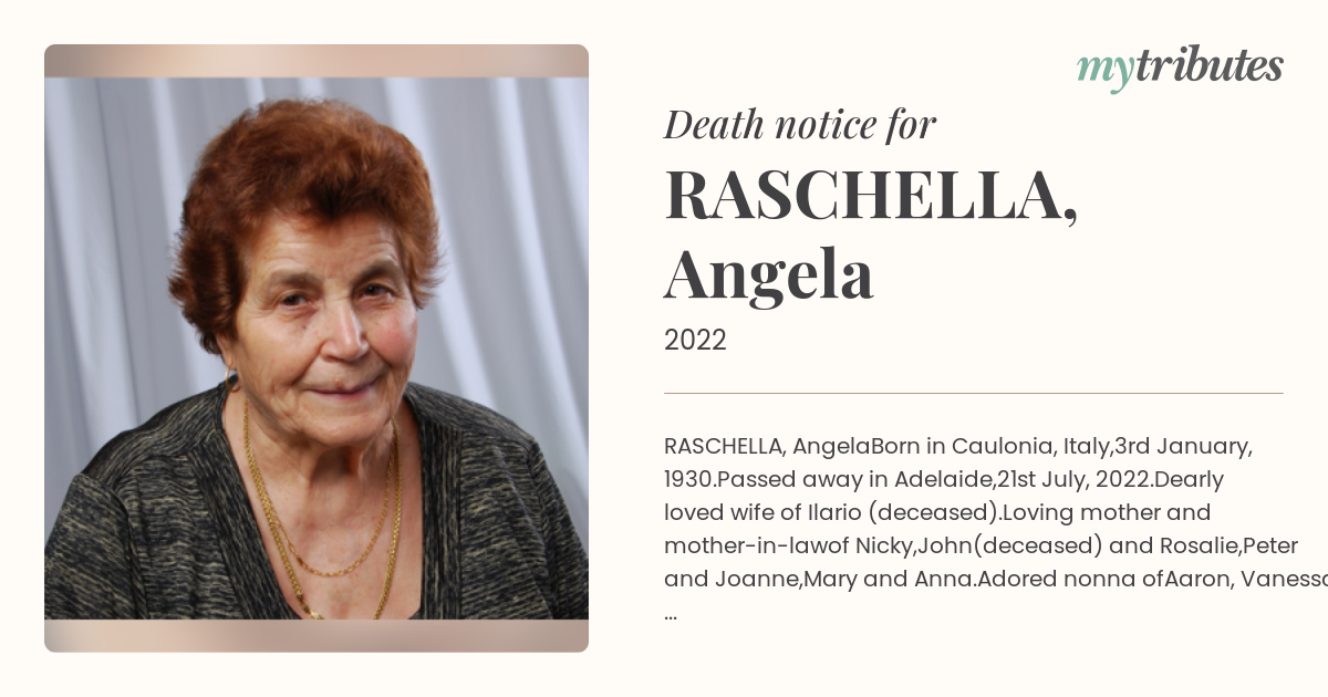 RASCHELLA, Angela | Death Notices | Adelaide | My Tributes