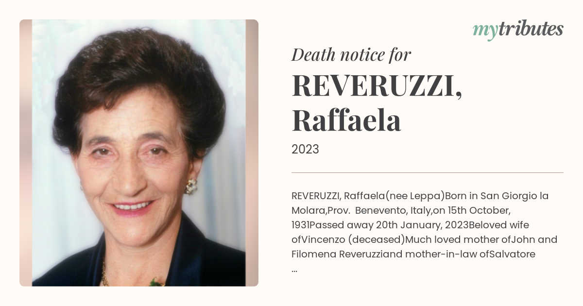 REVERUZZI, Raffaela | Death Notices | Adelaide | My Tributes