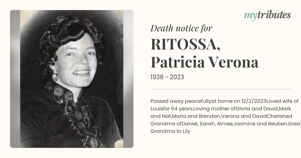 RITOSSA, Patricia Verona | Death Notices | Adelaide | My Tributes