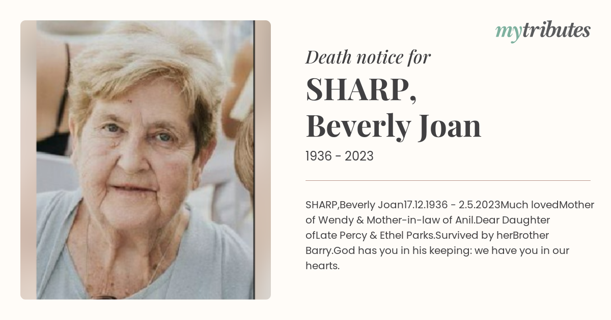 SHARP, Beverly Joan | Death Notices | Melbourne | My Tributes