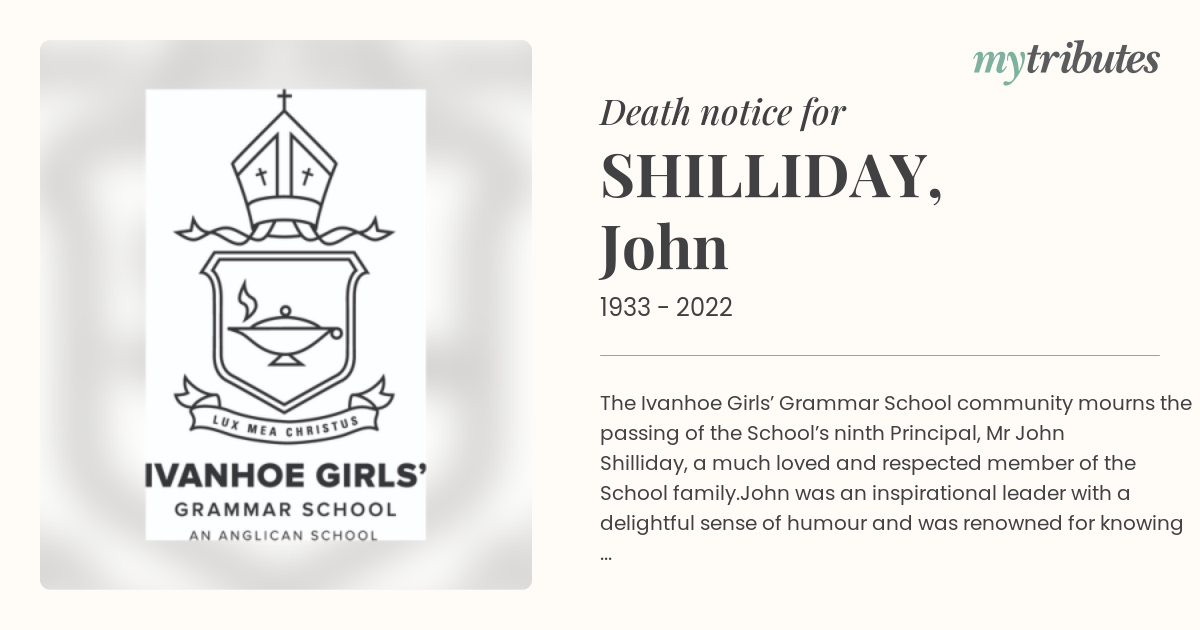 SHILLIDAY, John | Death Notices | Melbourne | My Tributes