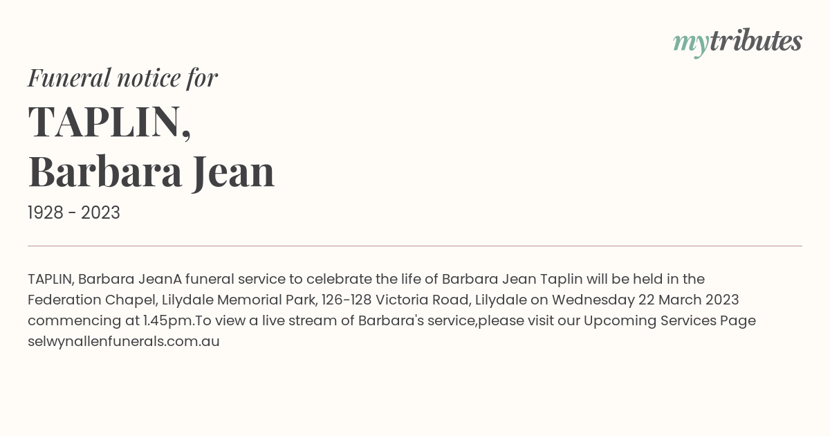 TAPLIN, Barbara Jean | Funeral Notices | Melbourne | Weekly Times Now