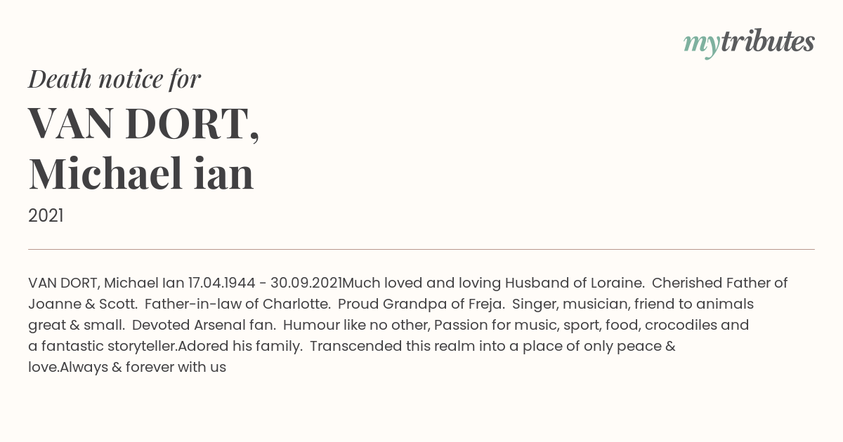 VAN DORT, Michael Ian | Death Notices | Melbourne | The Mercury