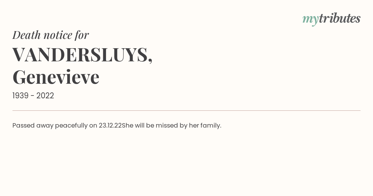 VANDERSLUYS, Genevieve | Death Notices | Melbourne | My Tributes