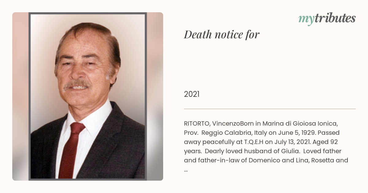 Vincenzo RITORTO | Death Notices | Adelaide | My Tributes