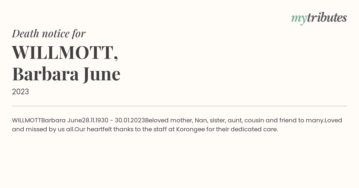 WILLMOTT, Barbara June | Death Notices | Tasmania | My Tributes