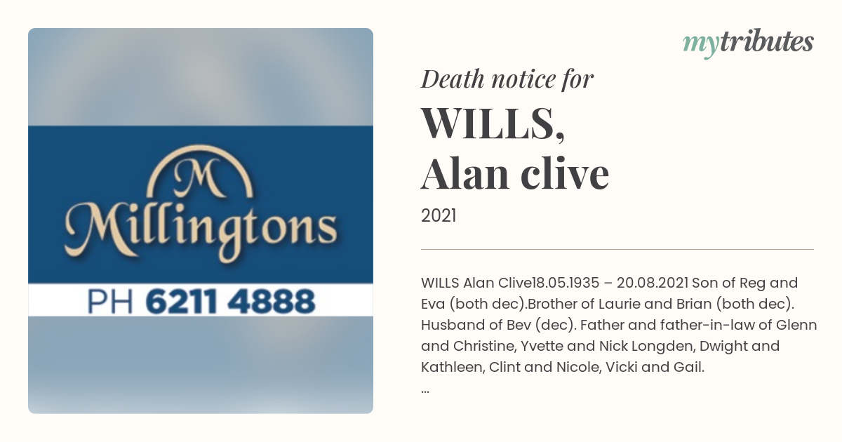 WILLS, Alan Clive | Death Notices | Tasmania | My Tributes