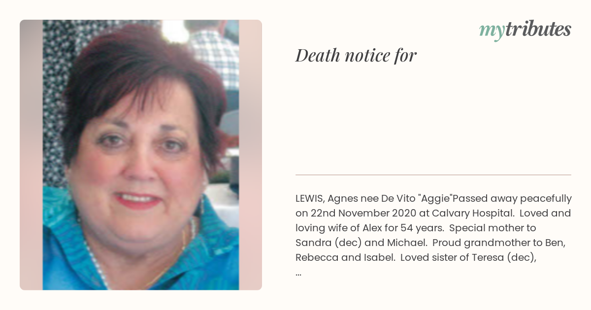Agnes Lewis | Death Notices | Adelaide | My Tributes