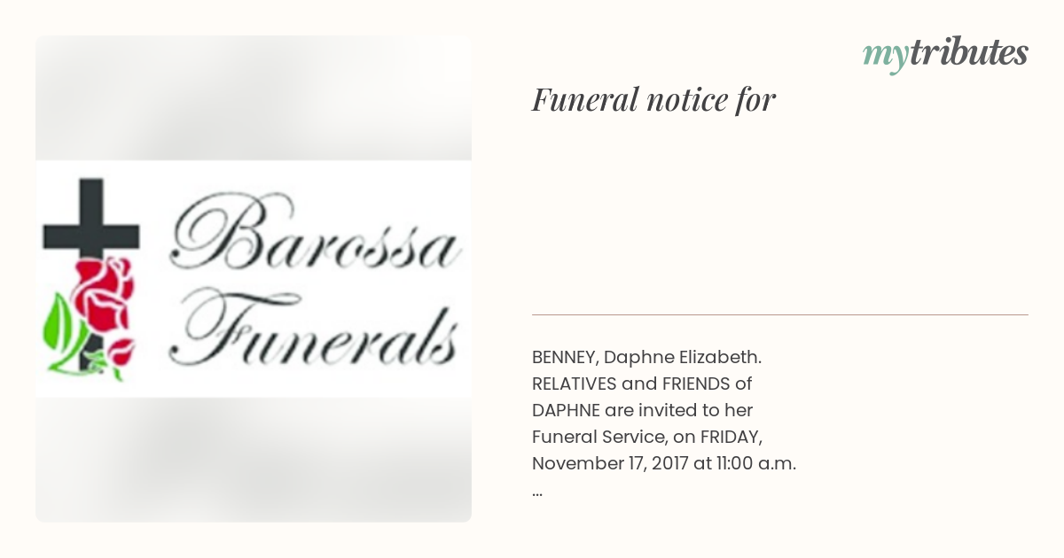 BENNEY, Daphne Elizabeth | Funeral Notices | Darwin | Herald Sun