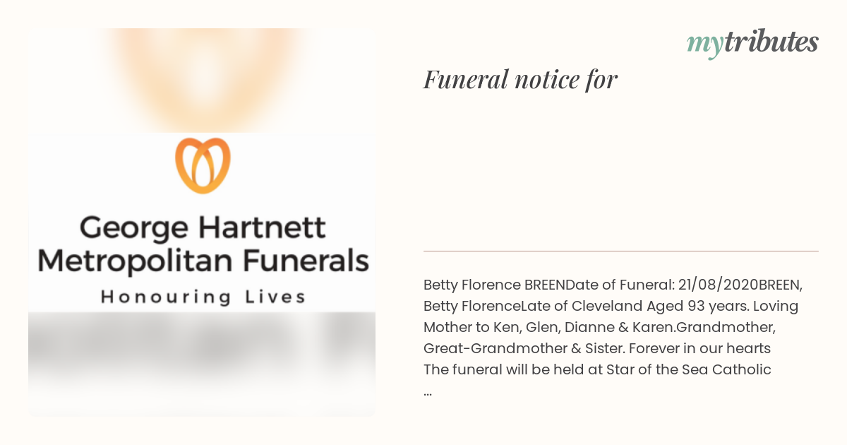 Betty Florence BREEN | Funeral Notices | Brisbane | My Tributes