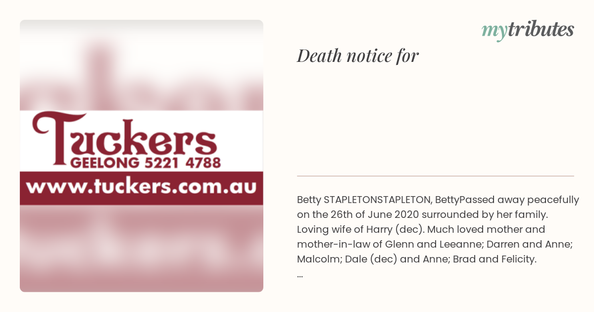 Betty STAPLETON | Death Notices | Geelong | Townsville Bulletin