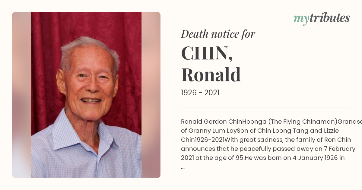 CHIN, Ronald | Death Notices | Darwin | My Tributes