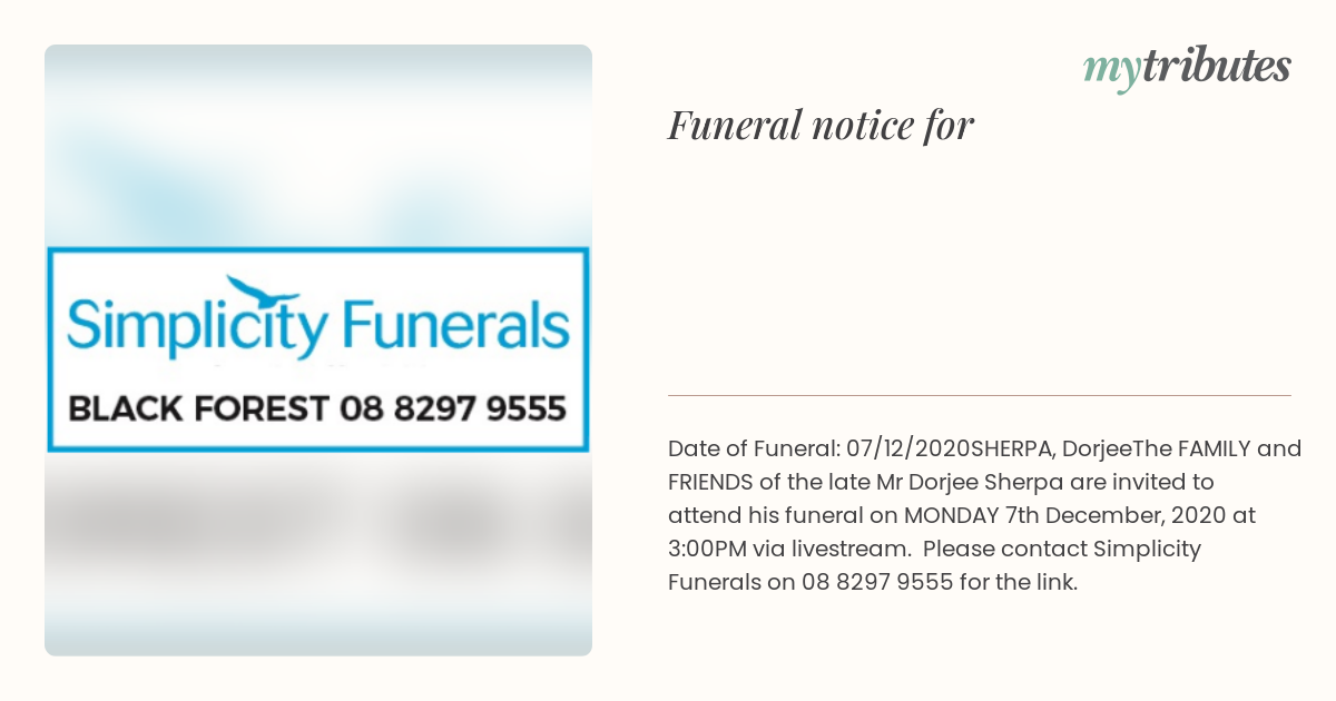 Dorjee Sherpa | Funeral Notices | Adelaide | My Tributes