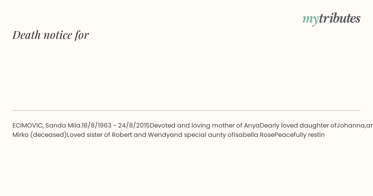 ECIMOVIC, Sanda Mila | Death Notices | Darwin | My Tributes