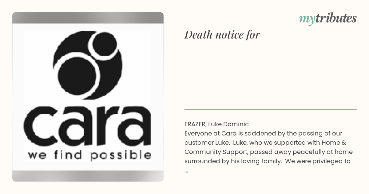 FRAZER, Luke Dominic | Death Notices | Adelaide | The Mercury