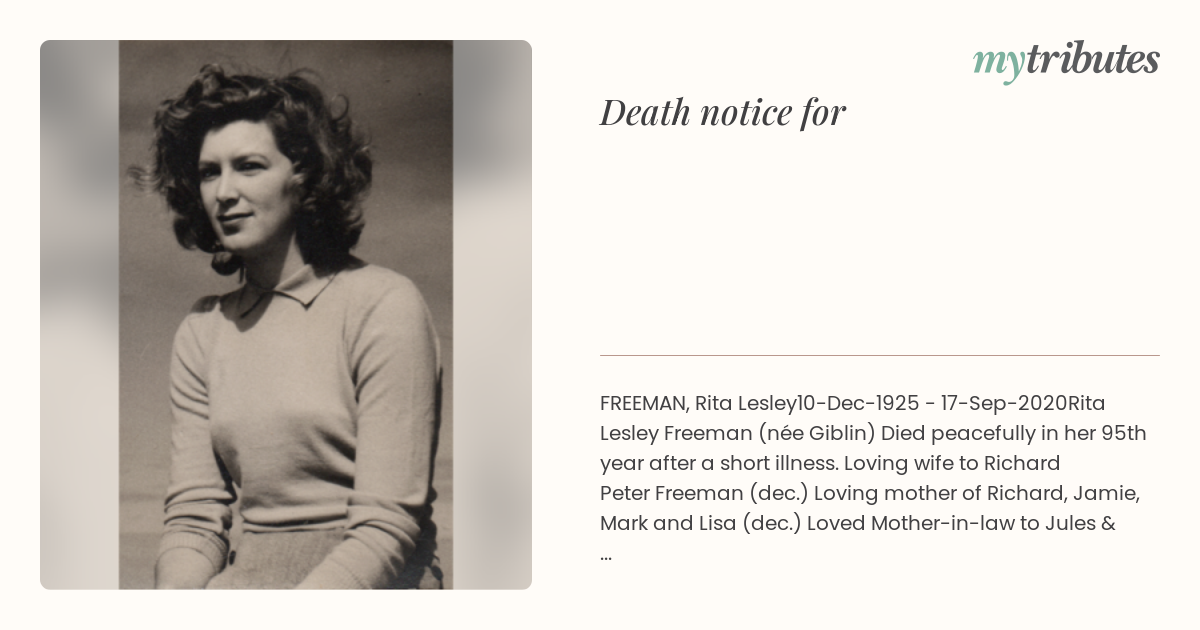 FREEMAN, Rita Lesley | Death Notices | Melbourne | My Tributes