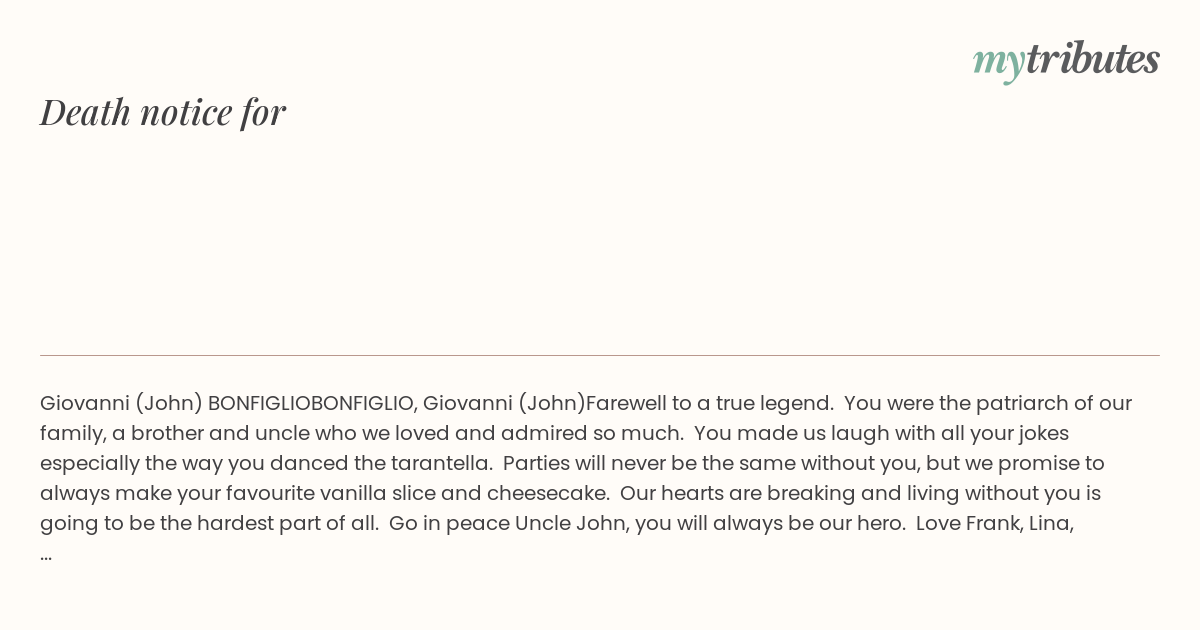 Giovanni (John) BONFIGLIO | Death Notices | Adelaide | Townsville Bulletin