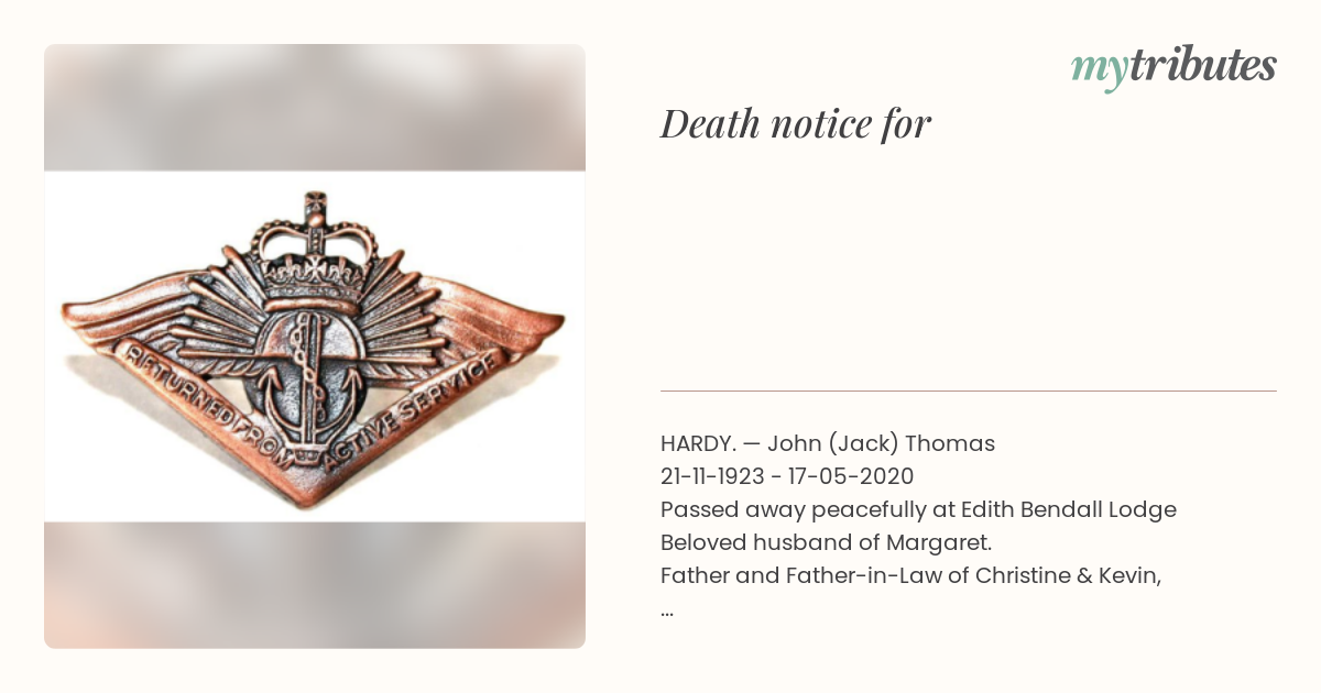 HARDY. — John (Jack) Thomas | Death Notices | Melbourne | Herald Sun