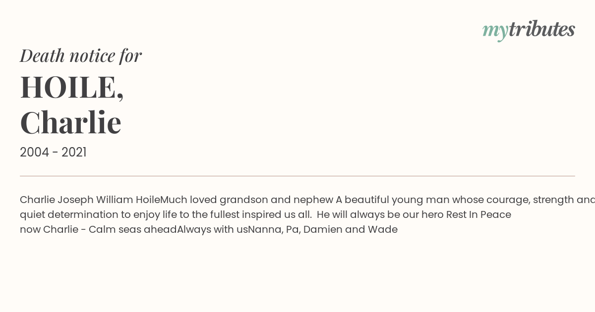 HOILE, Charlie | Death Notices | Adelaide | My Tributes