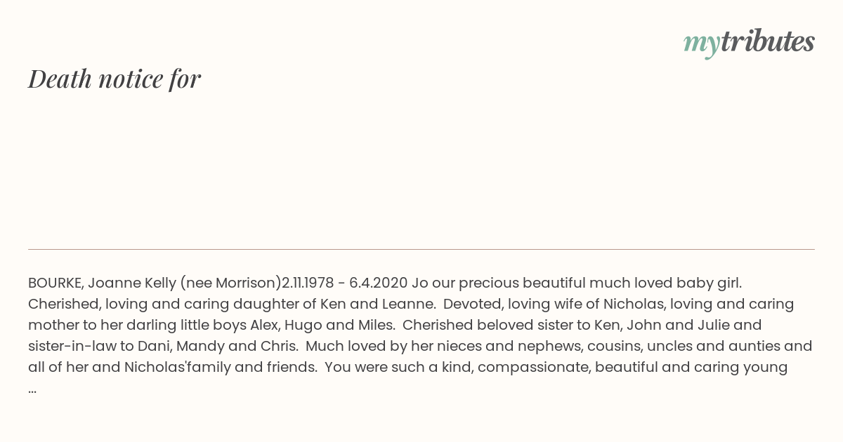 Joanne BOURKE | Death Notices | Melbourne | My Tributes