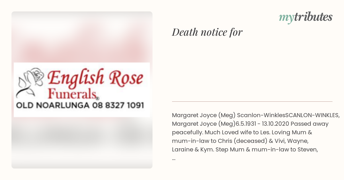 Margaret Joyce (Meg) Scanlon-Winkles | Death Notices | Adelaide | My ...